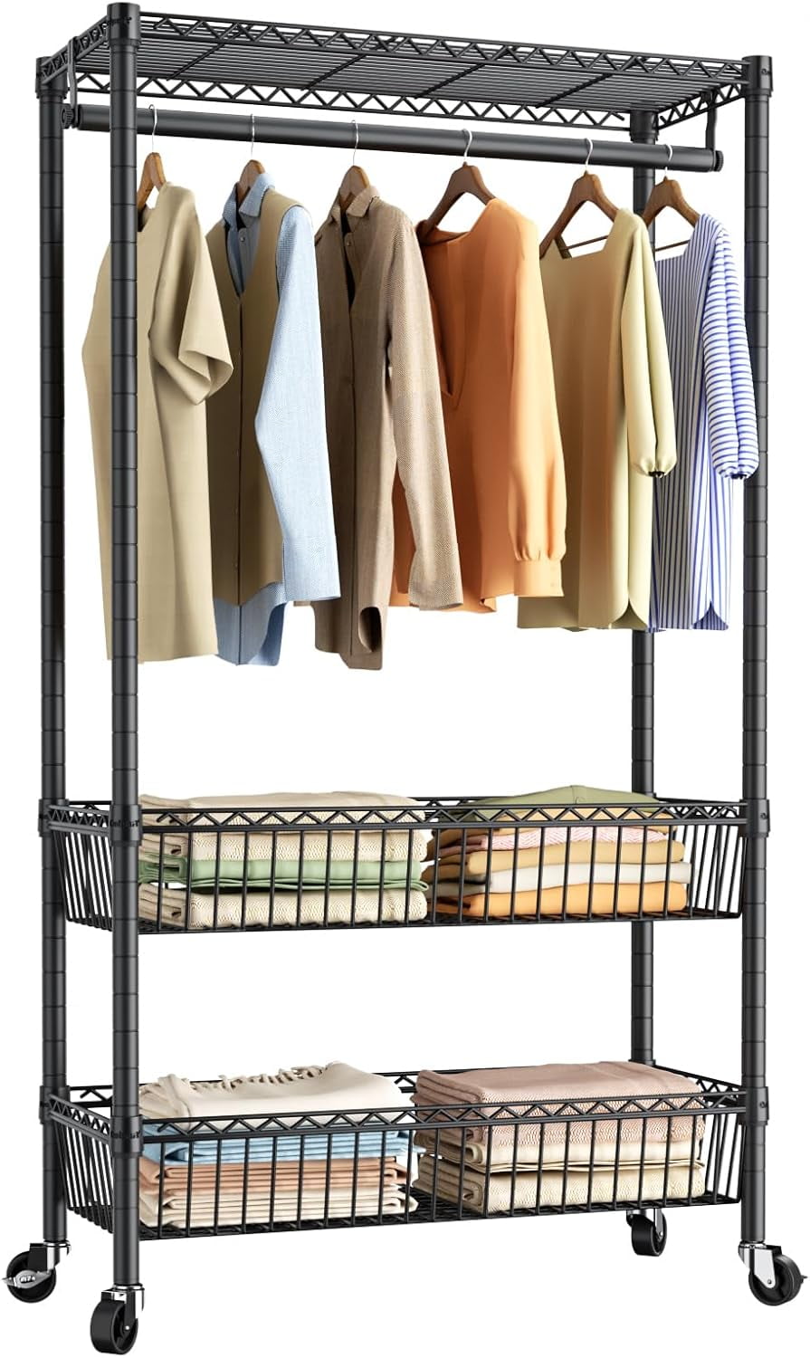 Heavy Duty Clothes Rack Rolling Garment Rack,3 Tier Adjustable Wire ...
