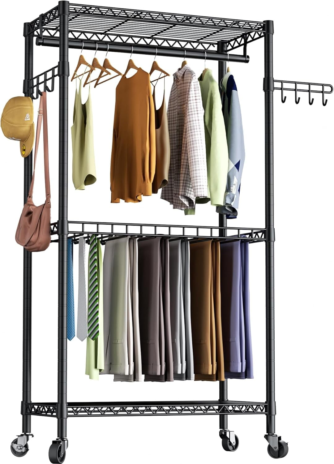 Heavy Duty Clothes Rack Rolling Garment Rack,3 Tier Adjustable Wire ...