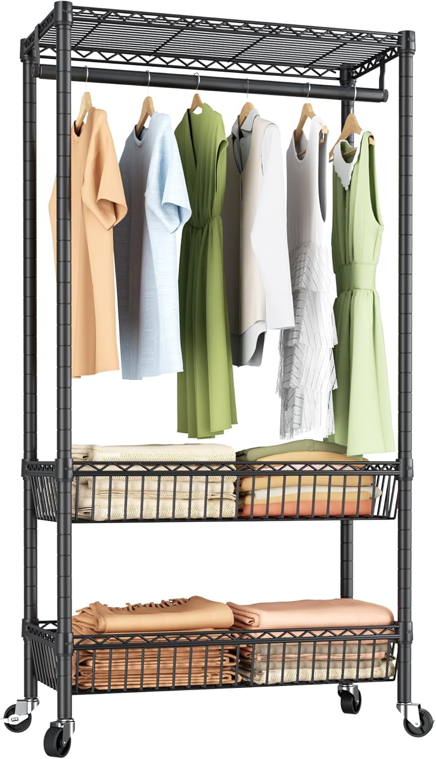 Heavy Duty Clothes Rack Rolling Garment Rack,Adjustable Wire Shelving ...