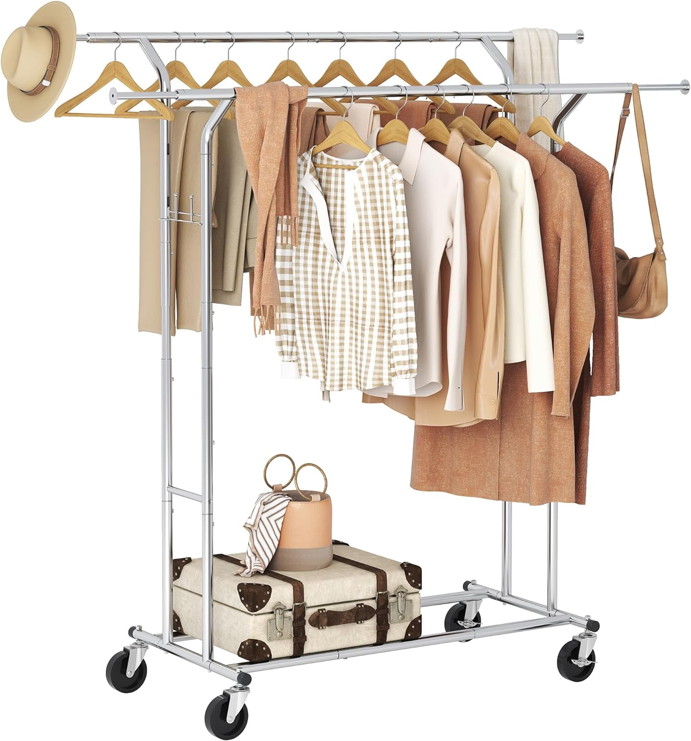Heavy Duty Clothes Rack with Shelf and Hooks, Double Rods Rolling ...