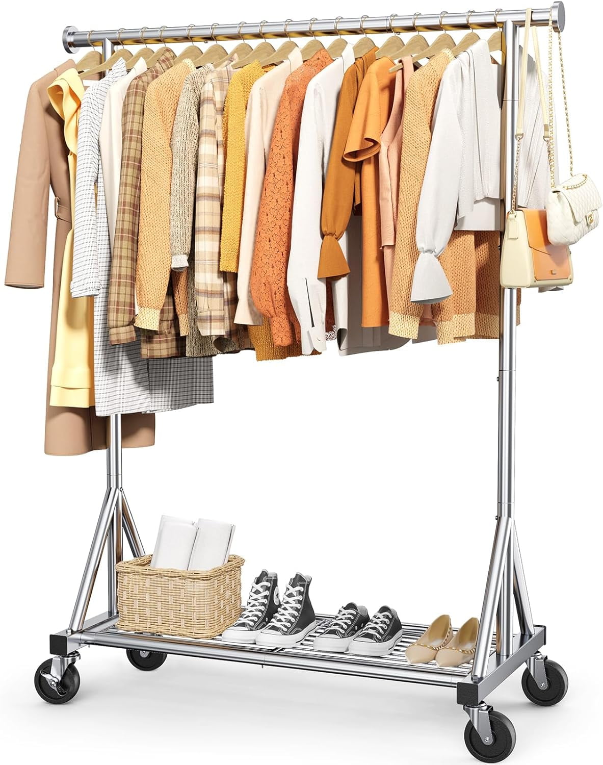 Heavy-Duty Clothes Rack, Stainless Steel Garment Stand with Mesh Shelf ...