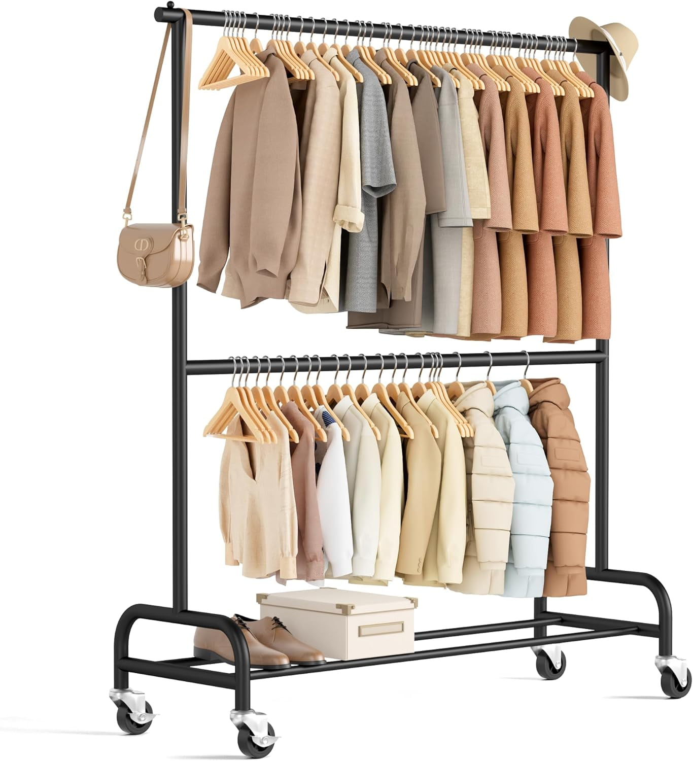 Heavy Duty Clothes Rack for Hanging Clothes Double Rod Rolling Clothing ...
