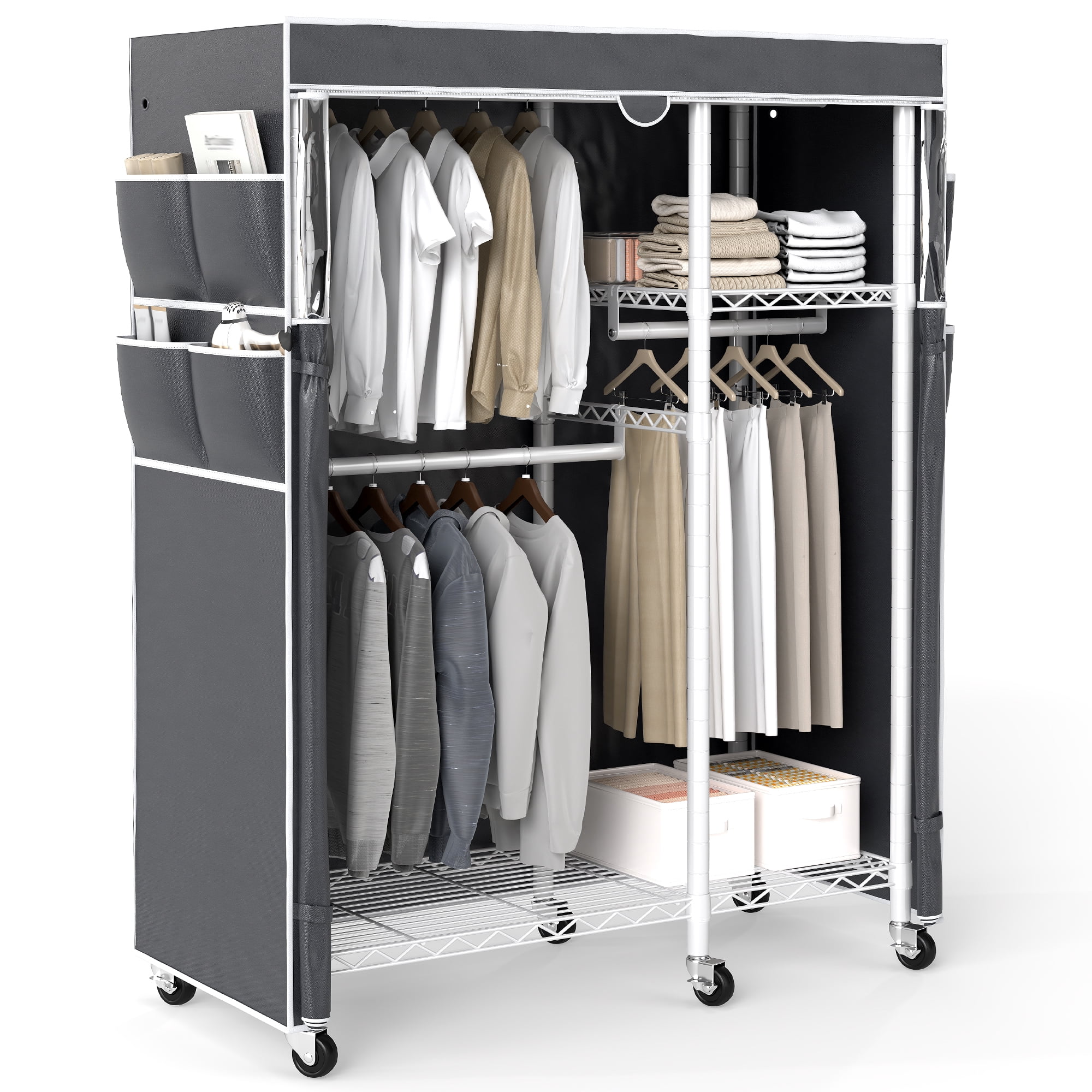 Heavy Duty Clothes Rack with Cover,Rolling Garment Rack with Wheels,550 ...