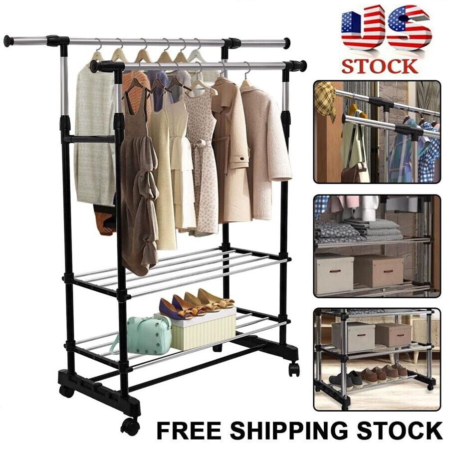 Heavy Duty Clothing Garment Rack Rolling Clothes Organizer Double Rails ...