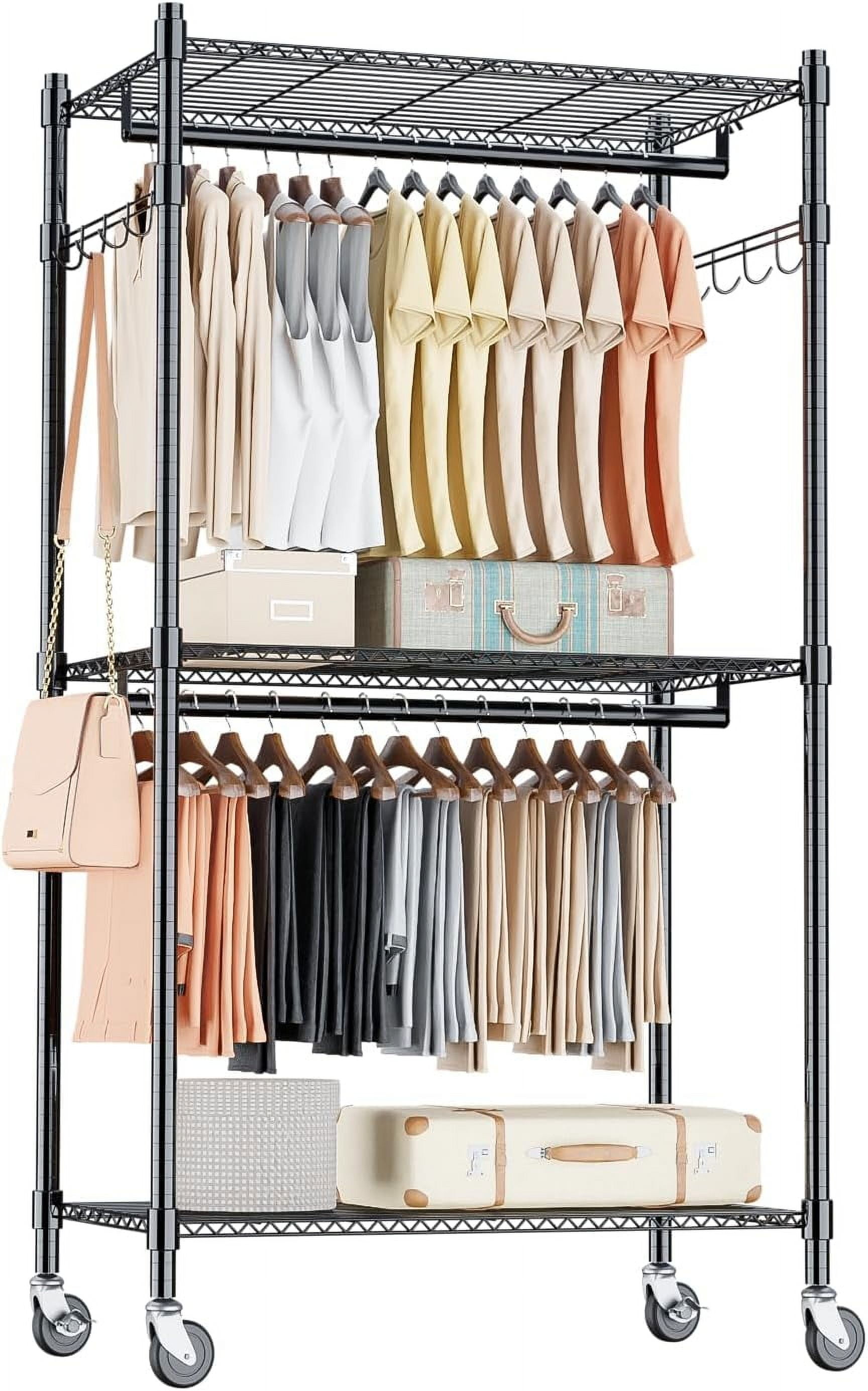 Heavy Duty Clothing Rack with 3 Tier Adjustable Wire Shelves, Garment ...
