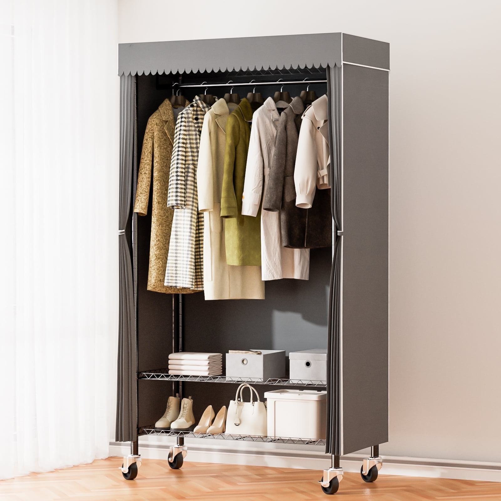 Heavy Duty Clothing Rack with Gray Dust Cover, Max load 300 LBS,Rolling ...