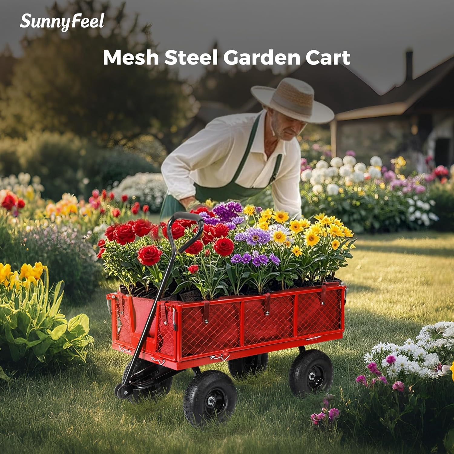 Heavy Duty Collapsible Wagon with 500LB Capacity, Red Garden Cart with ...