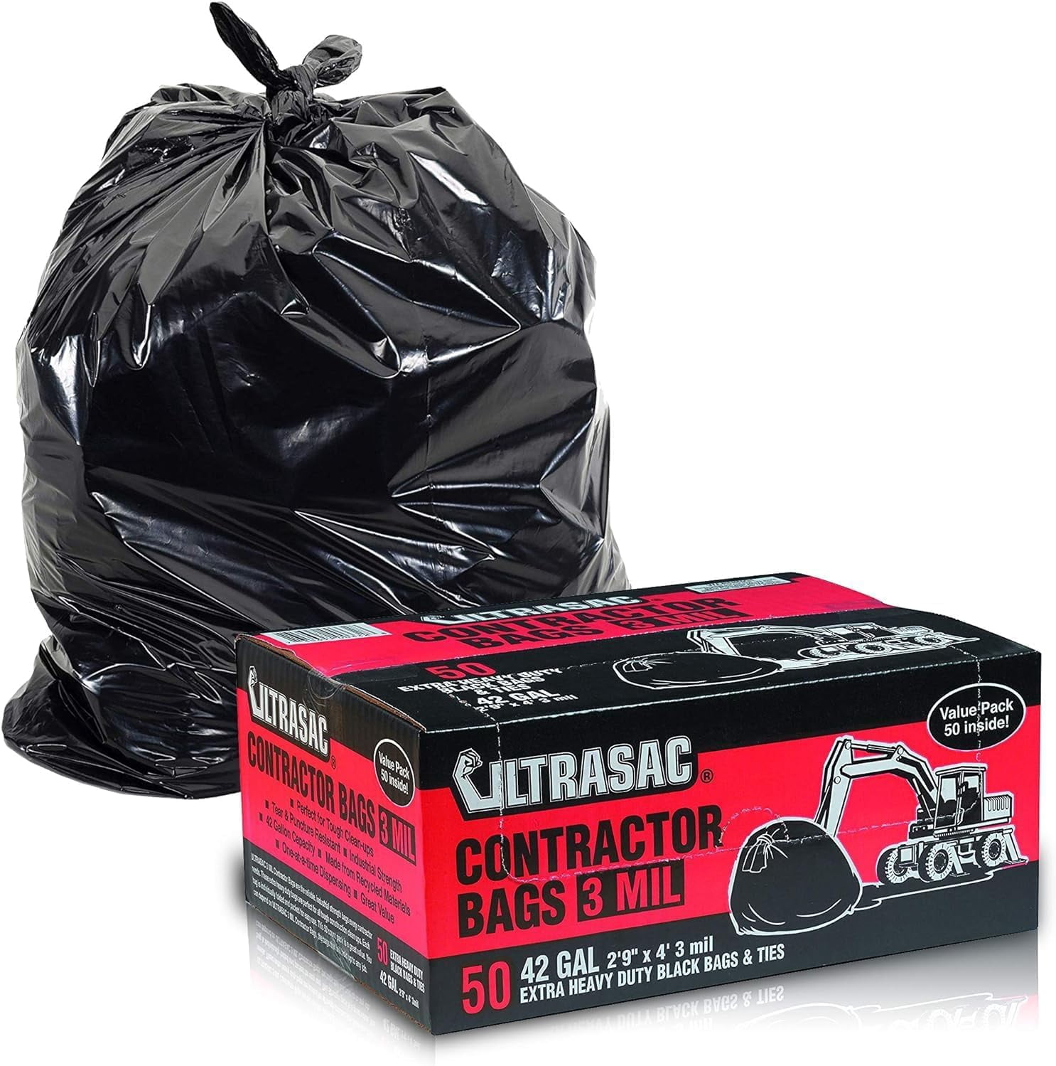 Heavy Duty Contractor Bags (VALUE 50 PACK/w TIES), 42 Gallon, 32.75" X ...