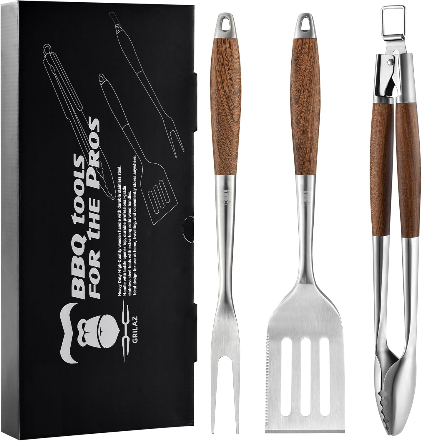Heavy-Duty Dikela Wooden BBQ Grilling Tools Set. Extra Thick Stainless ...
