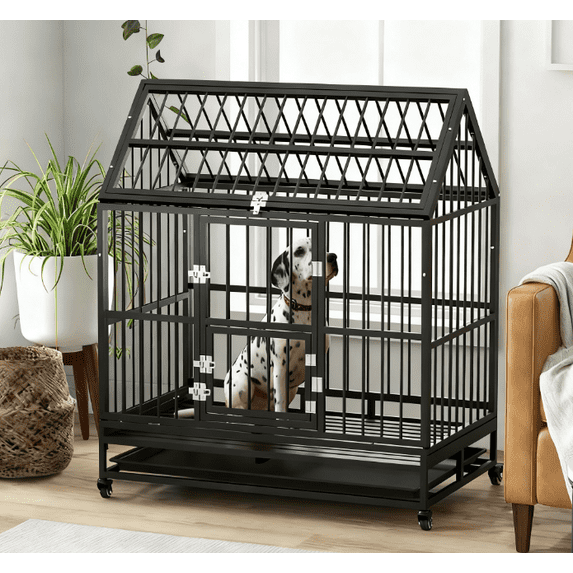 Heavy Duty Dog Crate with 4 Lockable Wheels, Double Doors, and ...