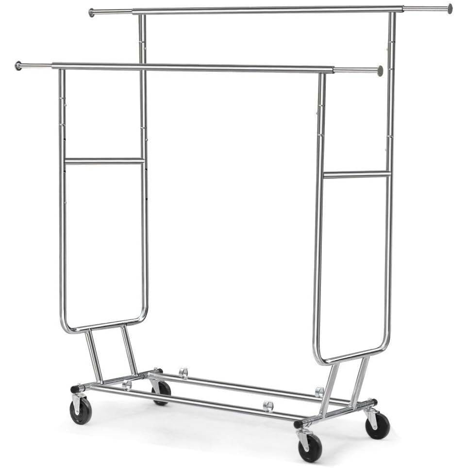 Heavy Duty Double Bar Clothes Hanging Garment Rack on Lockable Wheels ...