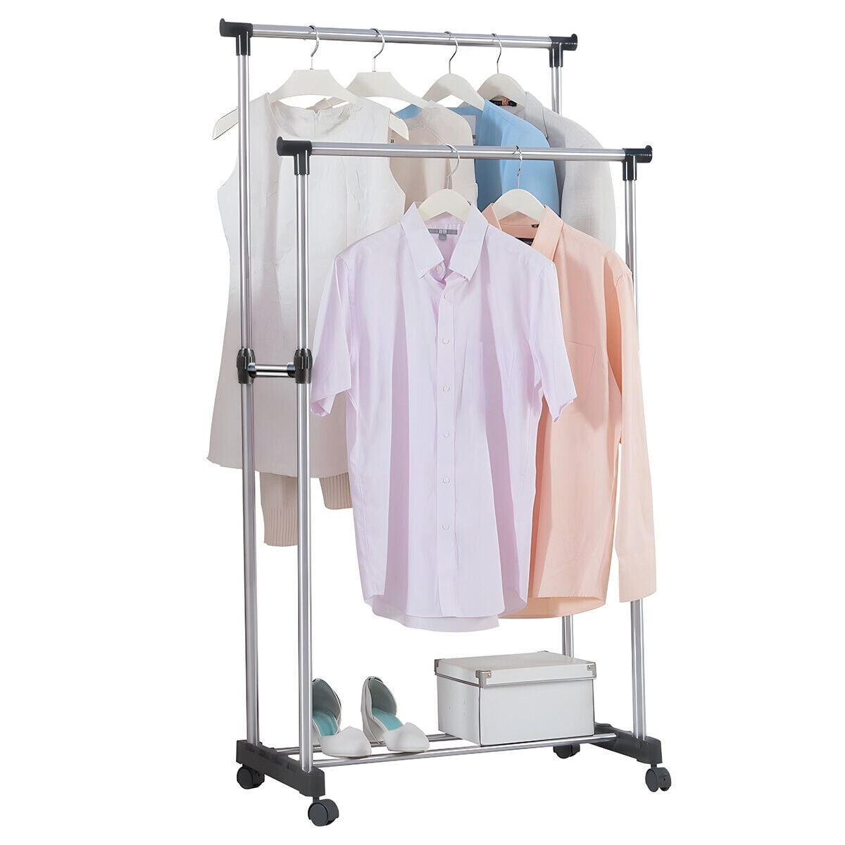 Heavy Duty Double Bar Commercial Garment Rack Rolling Collapsible ...