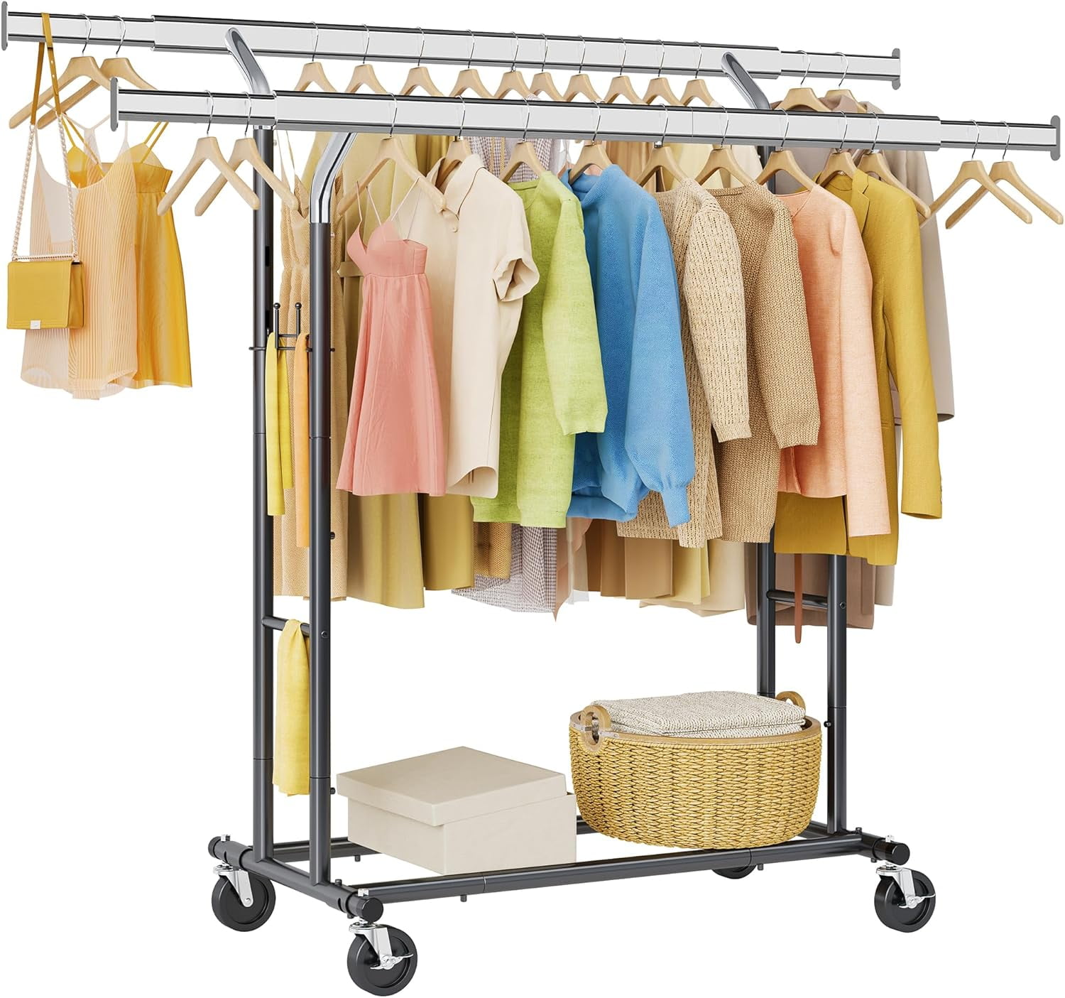 Heavy Duty Double Rod Clothes Rack - 600 LBS Capacity, Rolling Garment ...