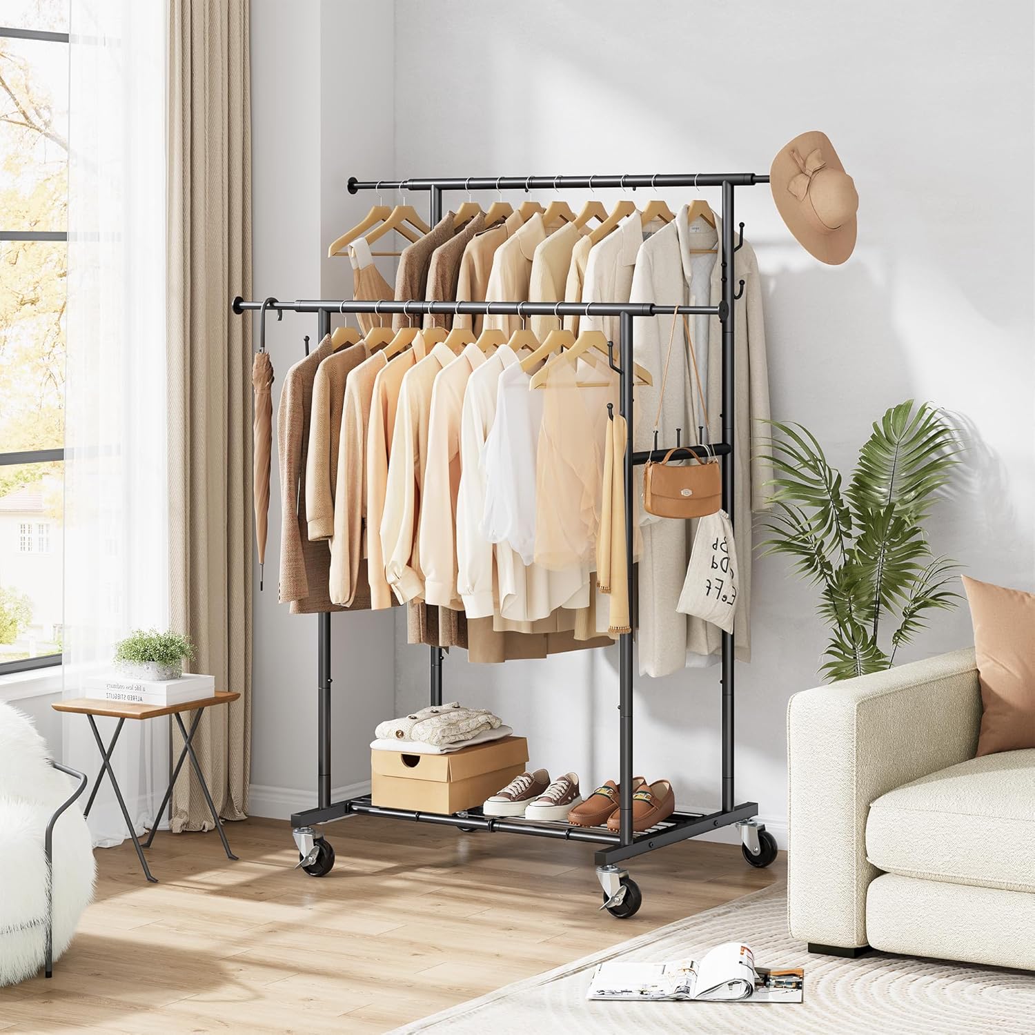 Heavy Duty Double Rod Clothes Rack, 64.2" Rolling Garment Rack with ...