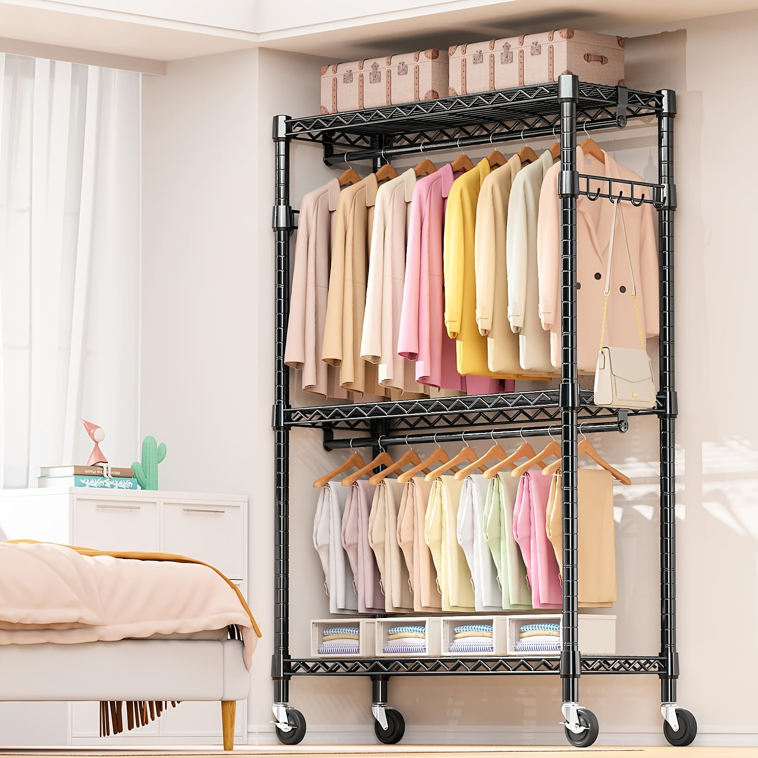 Heavy-Duty Double Rod Clothes Rack - 72" Freestanding Garment Organizer ...
