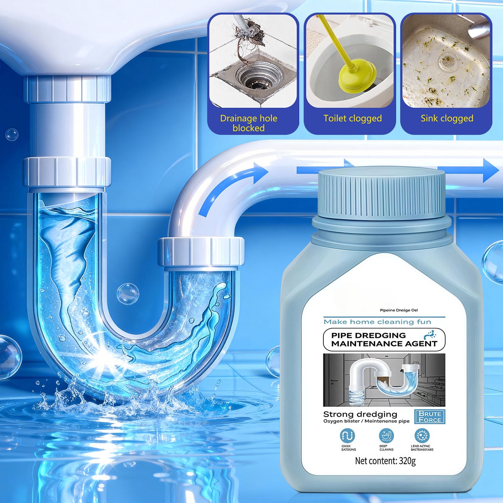 Heavy-Duty Drain Unblocker Powder for Kitchen Bathroom Clogs, Fast ...
