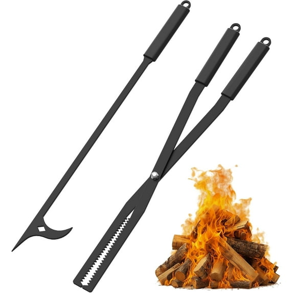 Heavy Duty Fire Tongs & Poker Set, 27.7" Long-Handle Carbon Steel Log ...