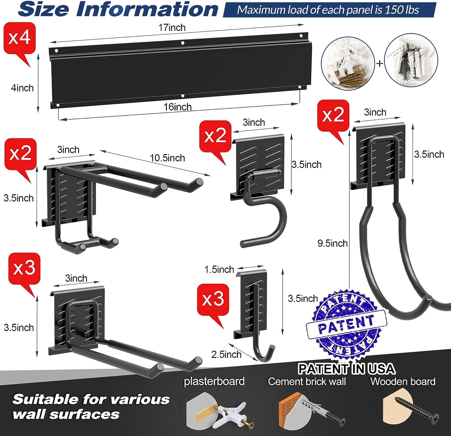 Heavy Duty Garage Tool Storage with 12 Double Hooks, 4 Rails for Wall ...