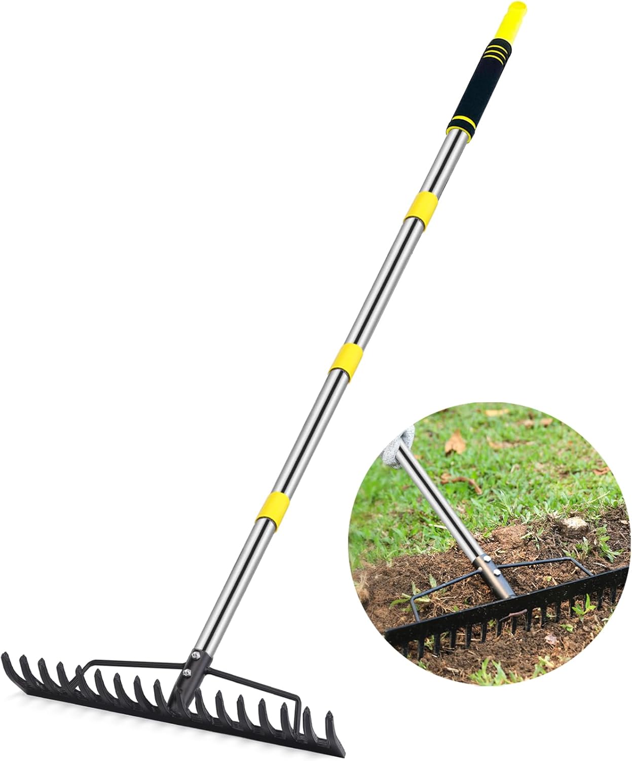 Heavy Duty Garden Rake for Leaves - 17 Tine Metal Head & Adjustable ...