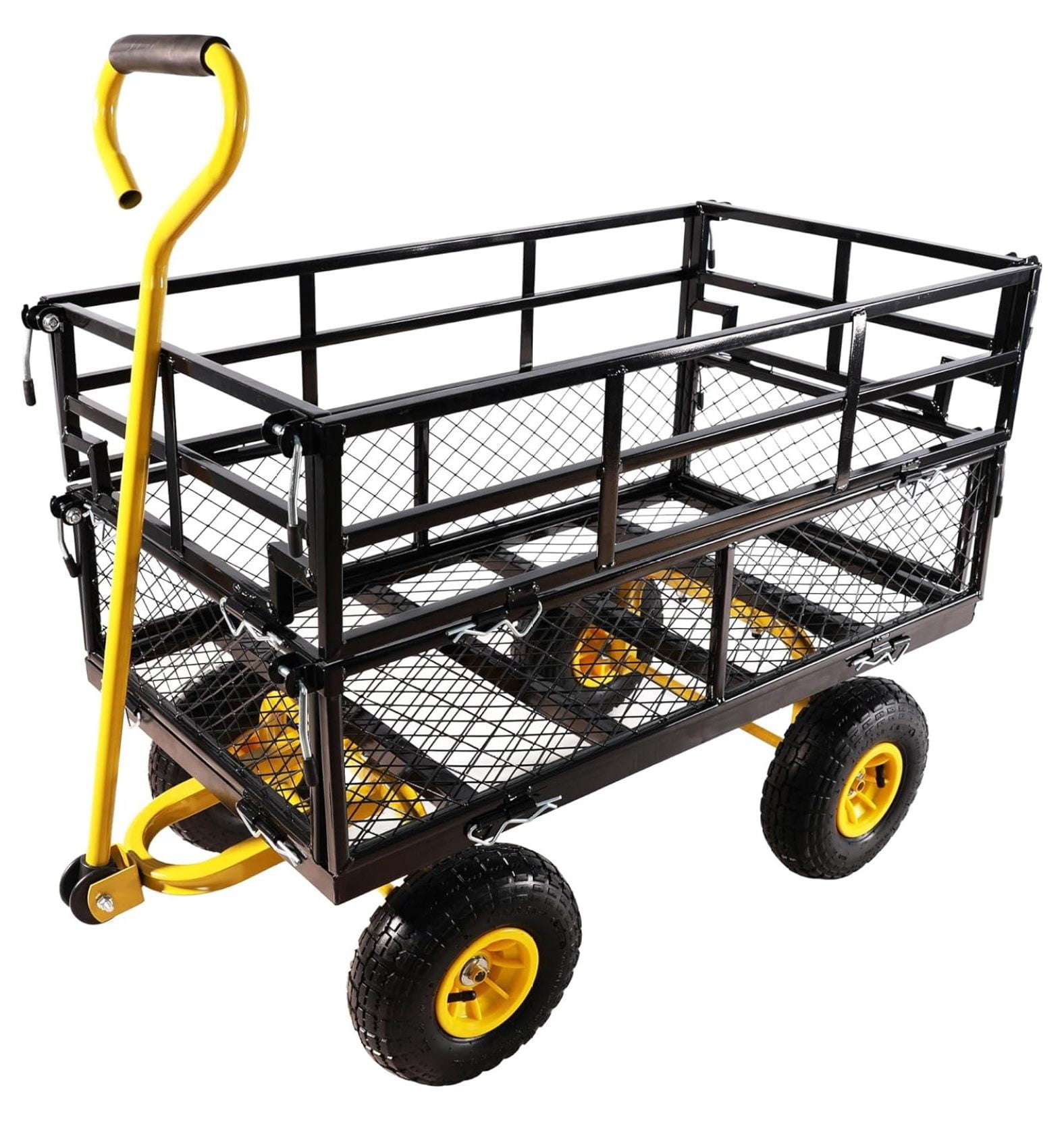 Heavy Duty Garden Wagon with Foldable Sides, Pneumatic Tires, Adjustable Handle (Yellow + Black ...
