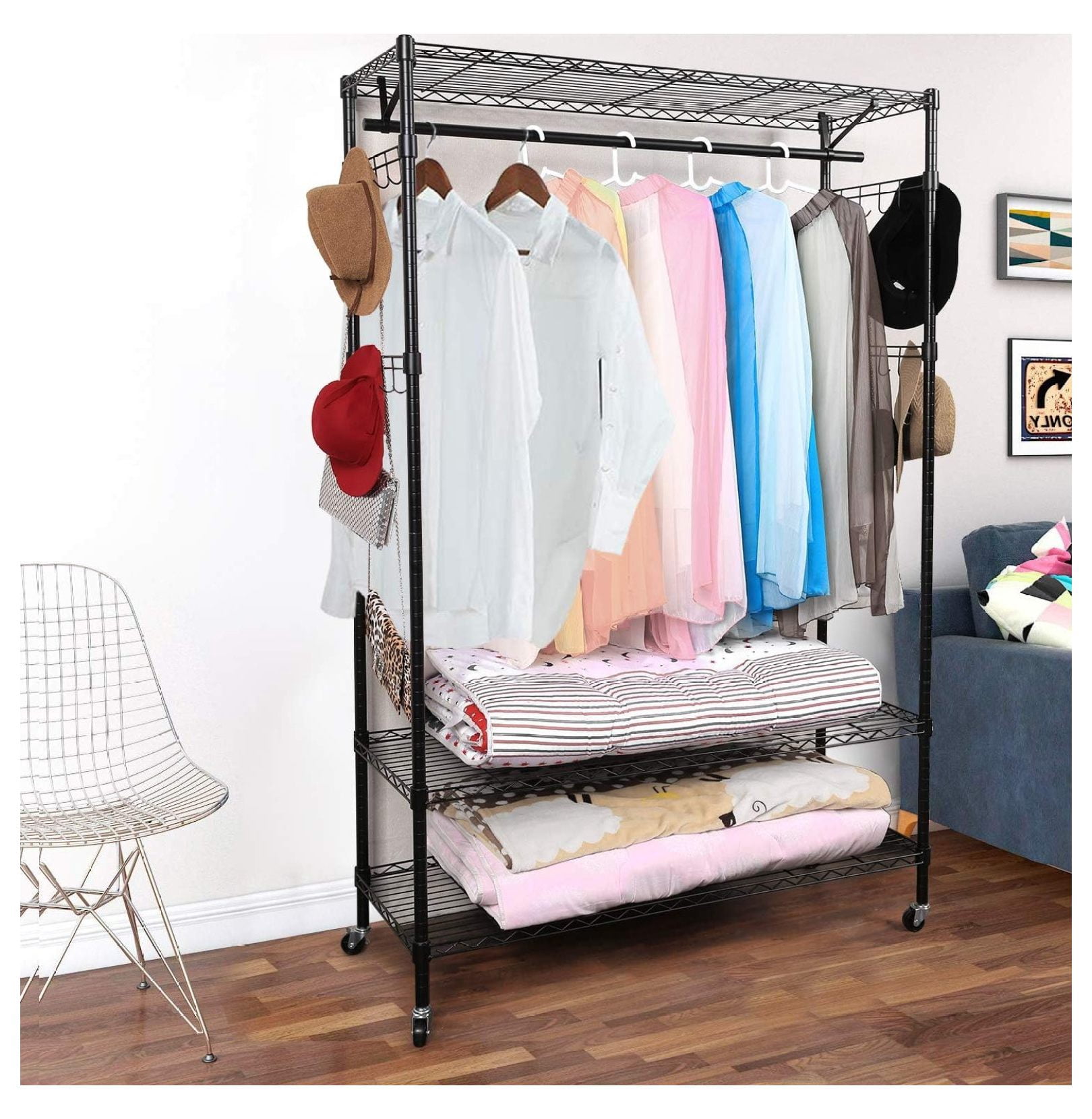 Heavy Duty Garment Rack - 3-Tier Wire Shelving Unit with Wheels & Side ...