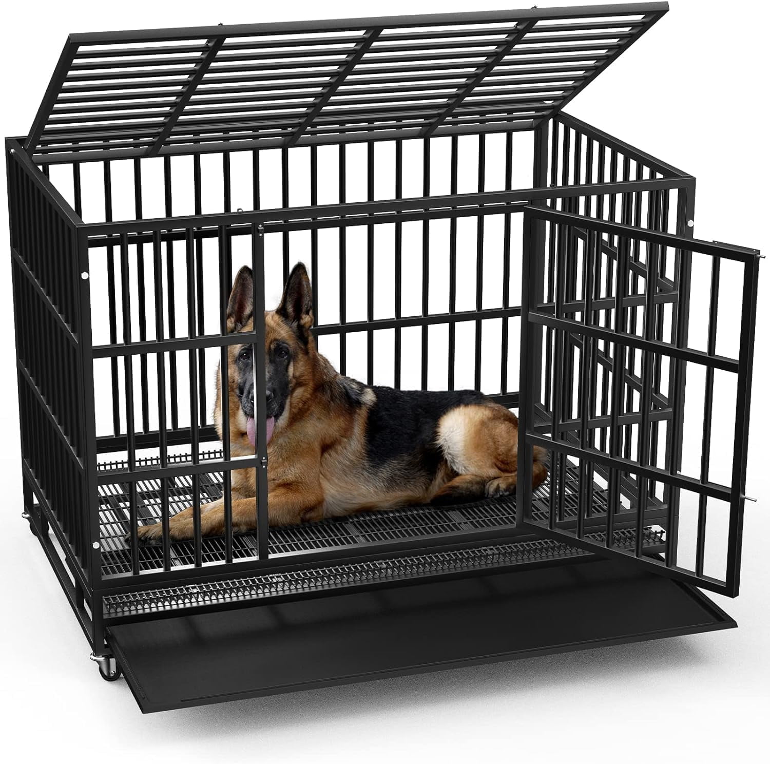 Heavy Duty Indestructible Dog Crate – Escape Proof Cage Kennel with Lockable Wheels, High ...