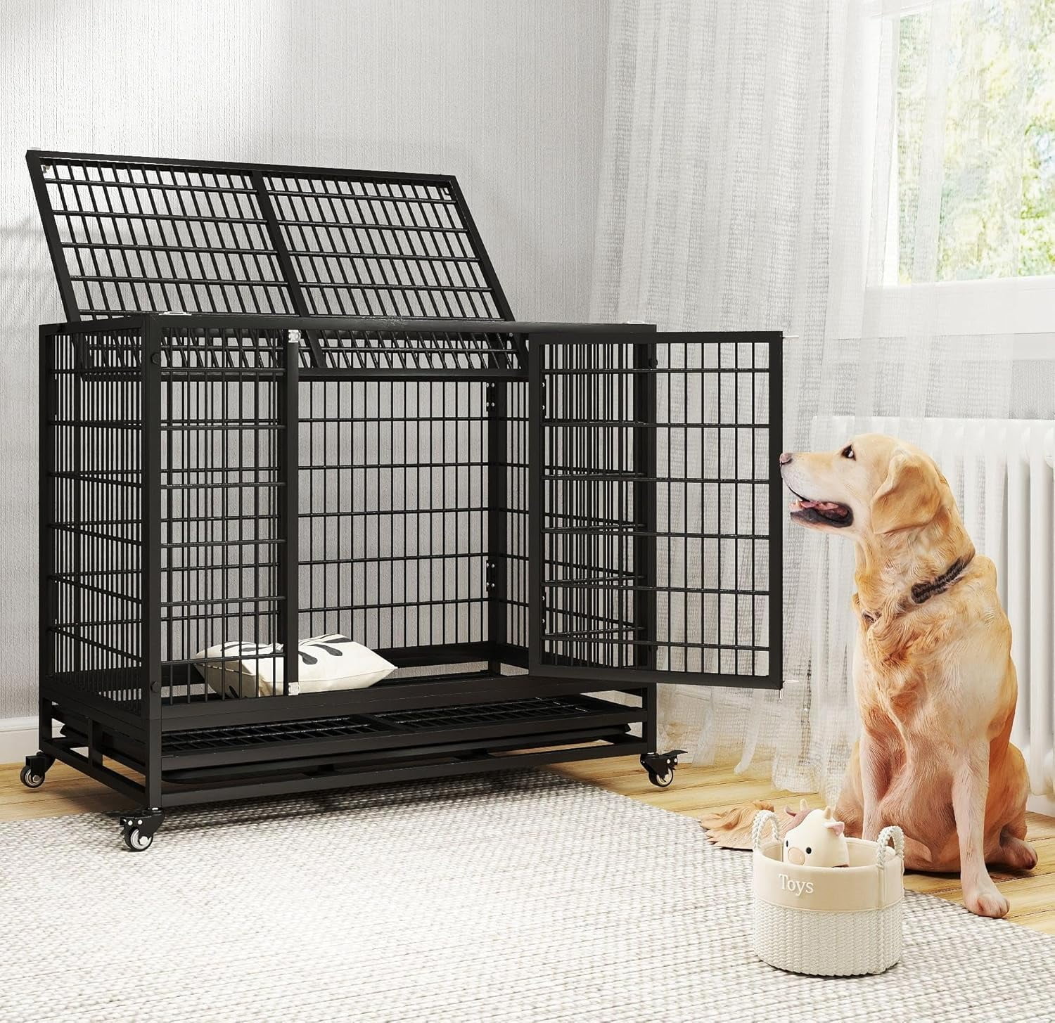 Heavy Duty Indestructible Dog Crate, Metal Dog Crate with Lockable ...