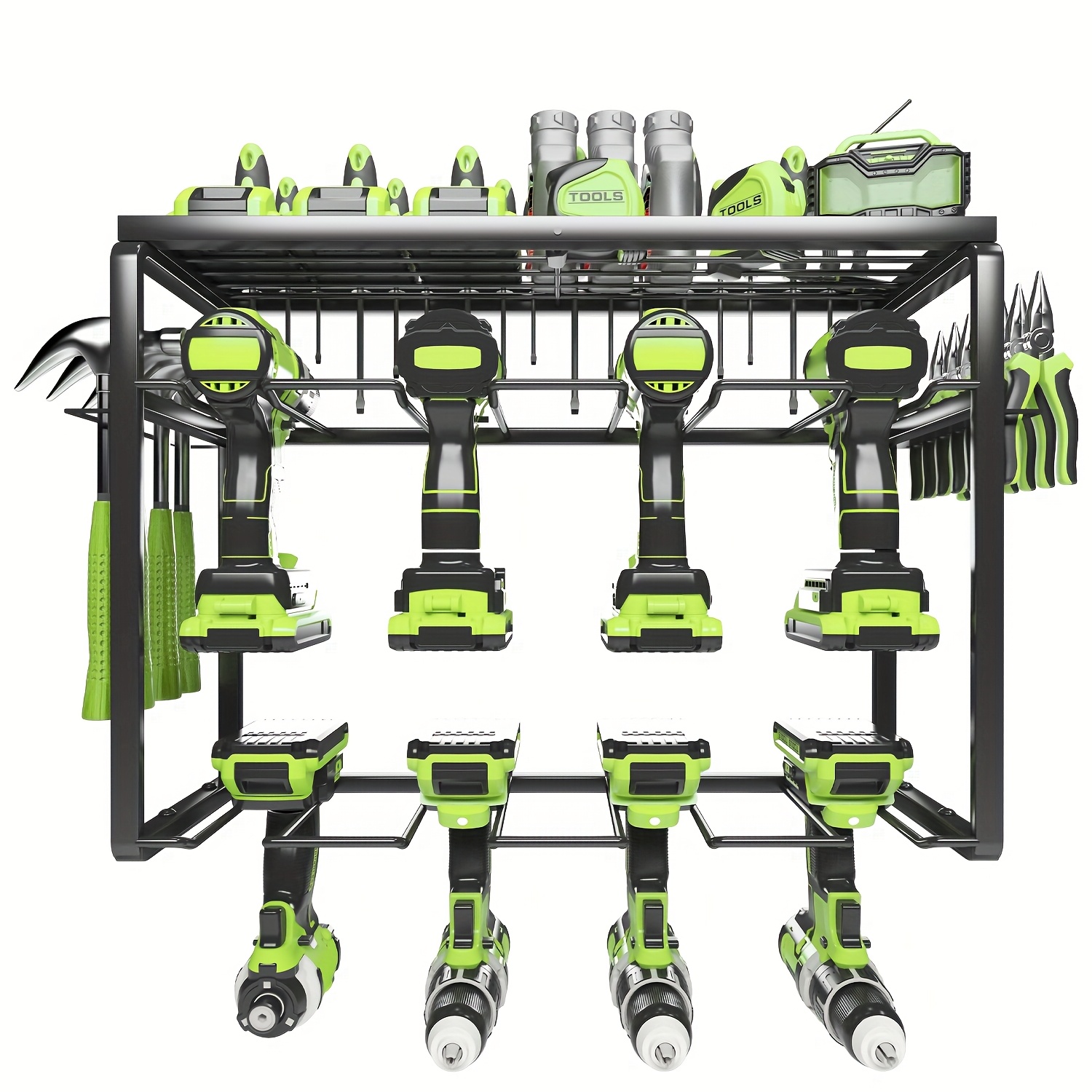 Heavy-Duty Iron Wall-Mounted Tool Organizer with Drill Holder - Black ...