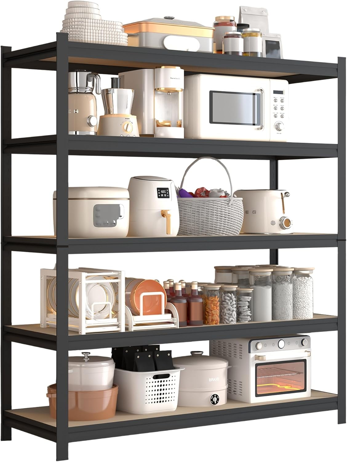 Heavy Duty Kitchen Shelving Unit, 87”H 5-Tier Wood Shelves, Adjustable ...