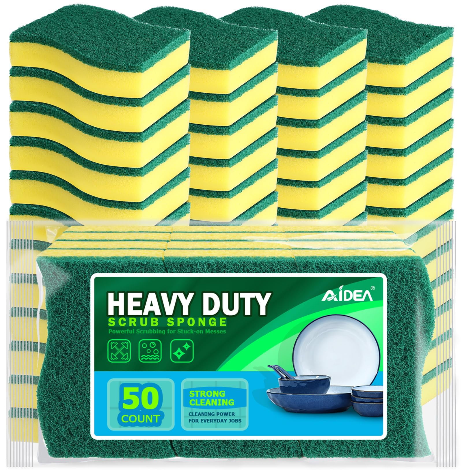 Heavy Duty Kitchen Sponges 50 Pack, Dish Scrubber Sponge for Pots Pans ...