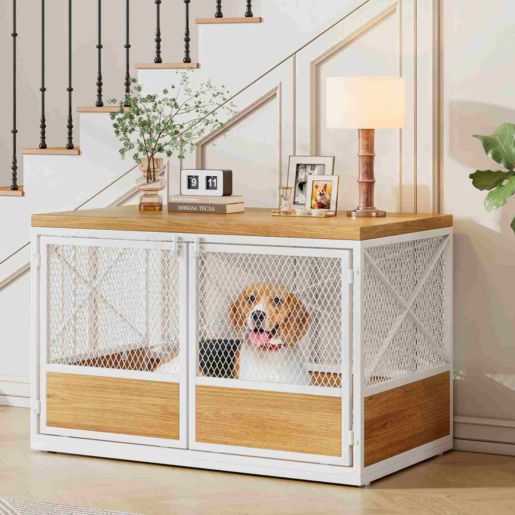 Heavy Duty Large Dog Crate Furniture, 47 Inch Wooden Dog Crate with ...