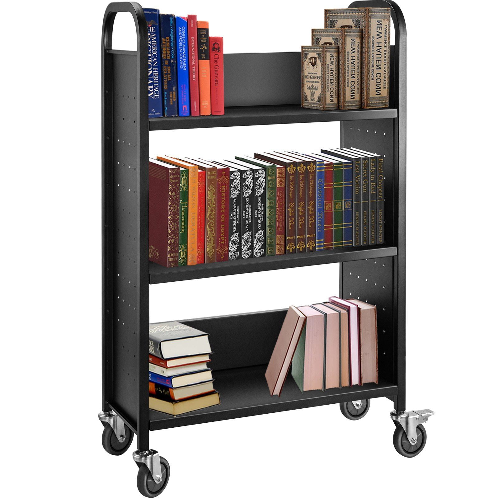 Heavy-Duty Library Book Cart, 200 lb Capacity, Rolling L-Shaped Shelves ...