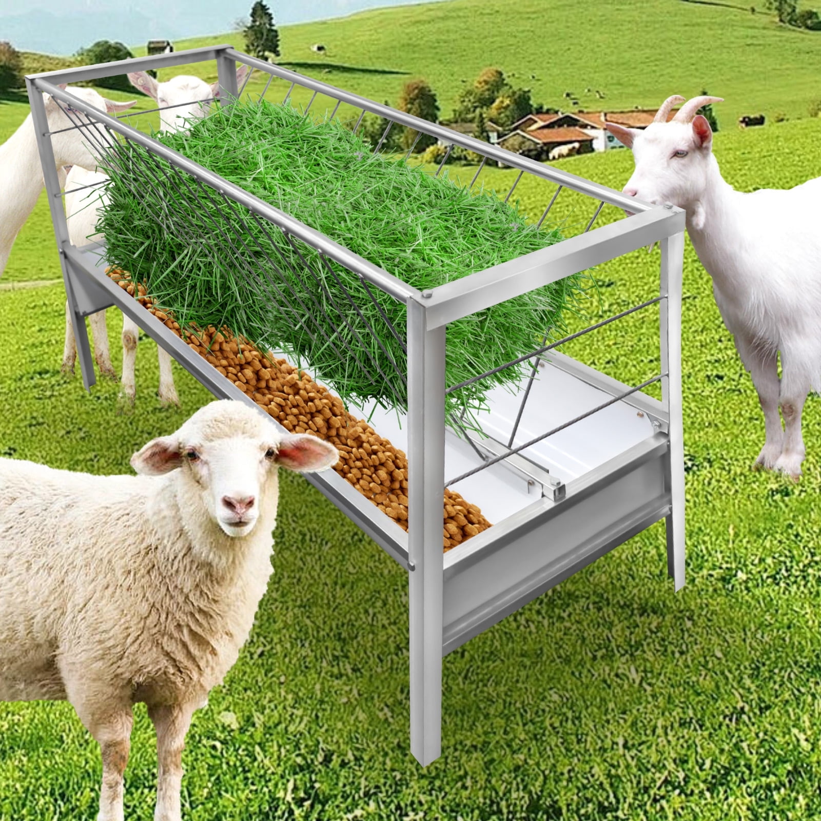 Heavy-Duty Livestock Goat Feeder, 77 Gallon Capacity, 23.6" Wide Galvanized Pan, 33.4" Height ...