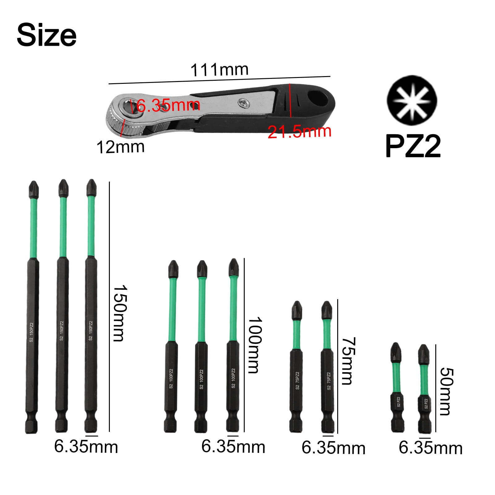 Heavy Duty Long Pozidriv Hex Screwdriver Bit Set PZ2 Magnetic Driver ...