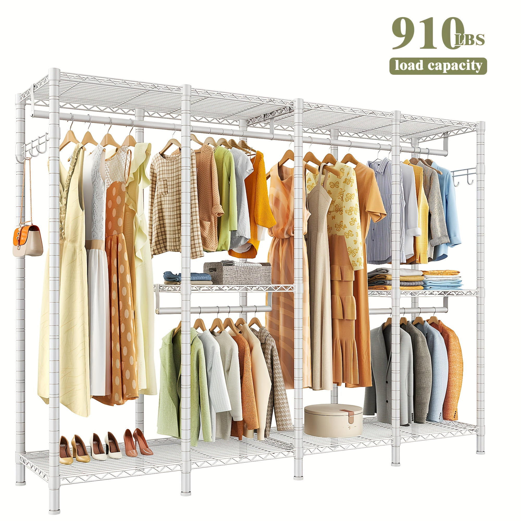Heavy Duty Metal Clothing Rack - 910LBS Capacity, 5 Shelves & 2 Drawers ...