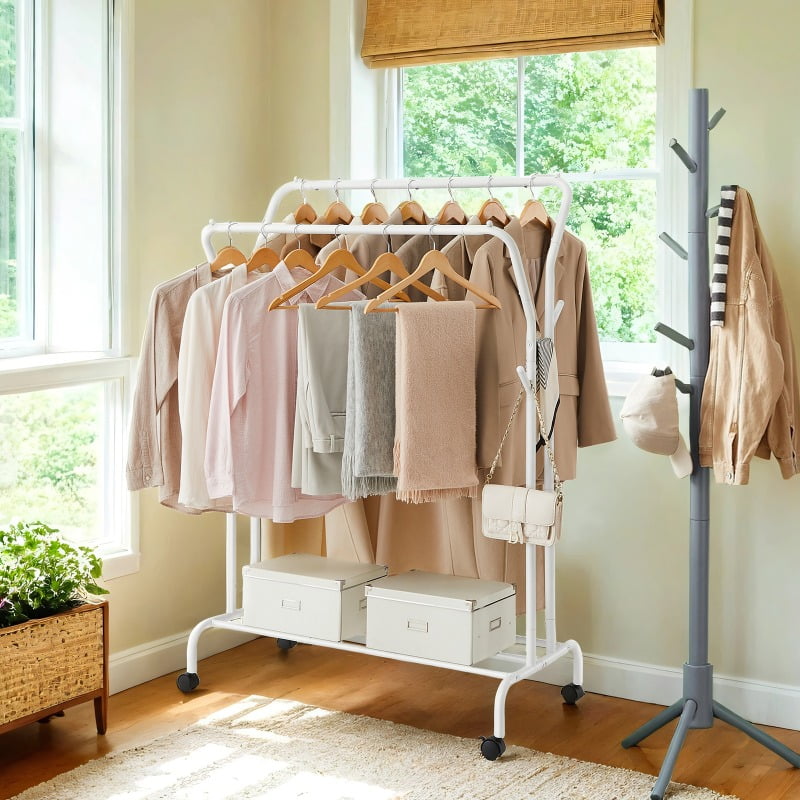 Heavy-Duty Metal Double-Rod Clothes Rack - 220 lb Capacity with Locking ...