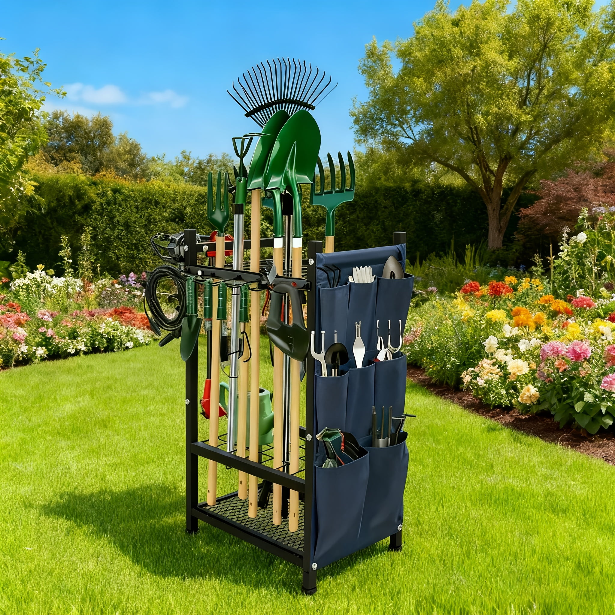 Heavy-Duty Metal Garden Tool Organizer Rack - Hooks & Storage Pockets ...