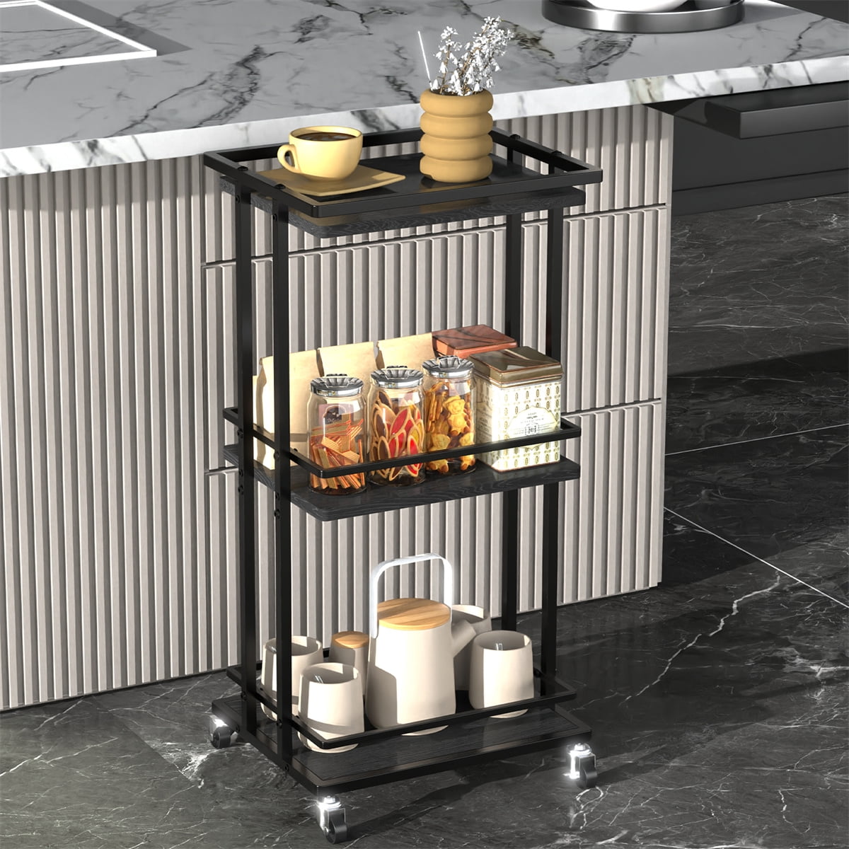 Heavy-Duty Metal Glass Kitchen Trolley Cart Rolling Kitchen Island Cart ...