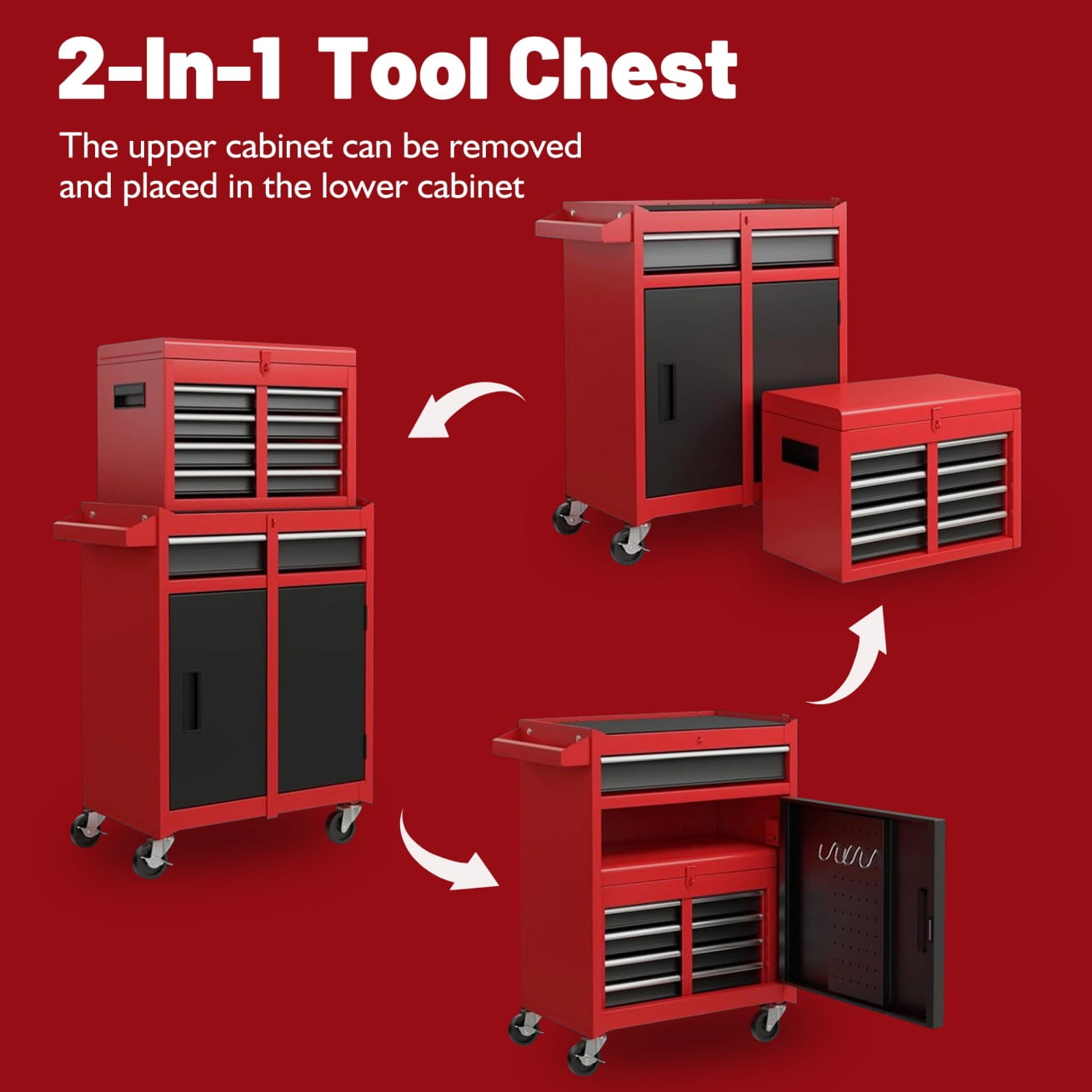 Heavy-Duty Metal Rolling Tool Cabinet with Detachable Top Box, Lockable ...