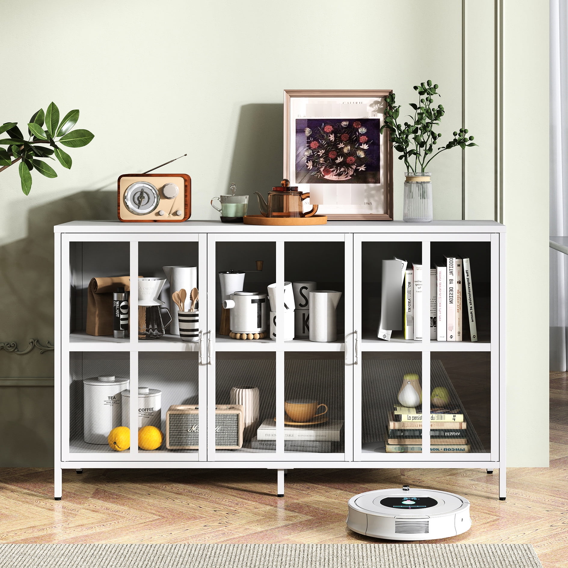 Heavy Duty Metal Sideboard - Steel Cabinet. Adjustable Feet, Glass ...