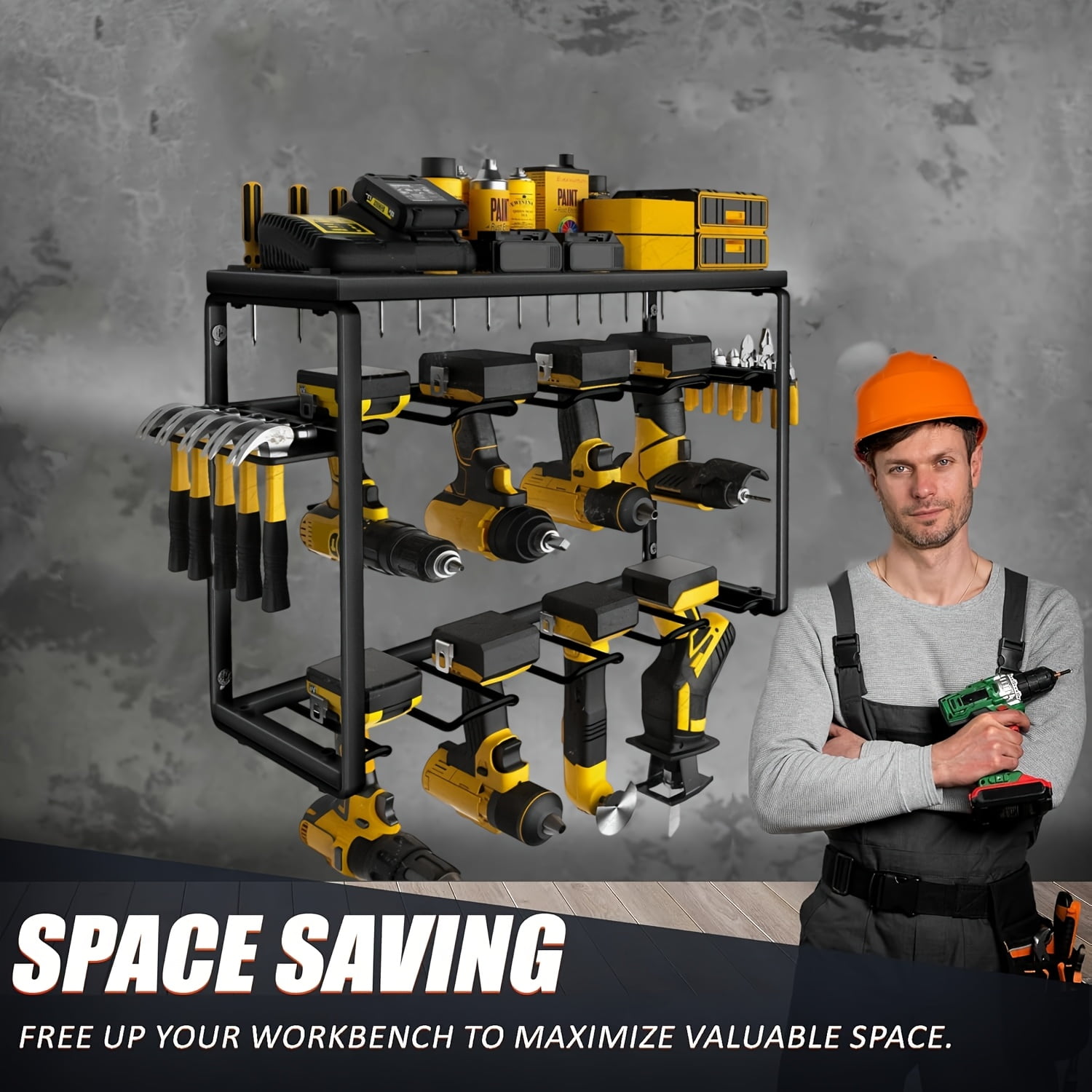 Heavy-Duty Metal Tool Rack - Multiple Drill Racks + Floating Shelves ...
