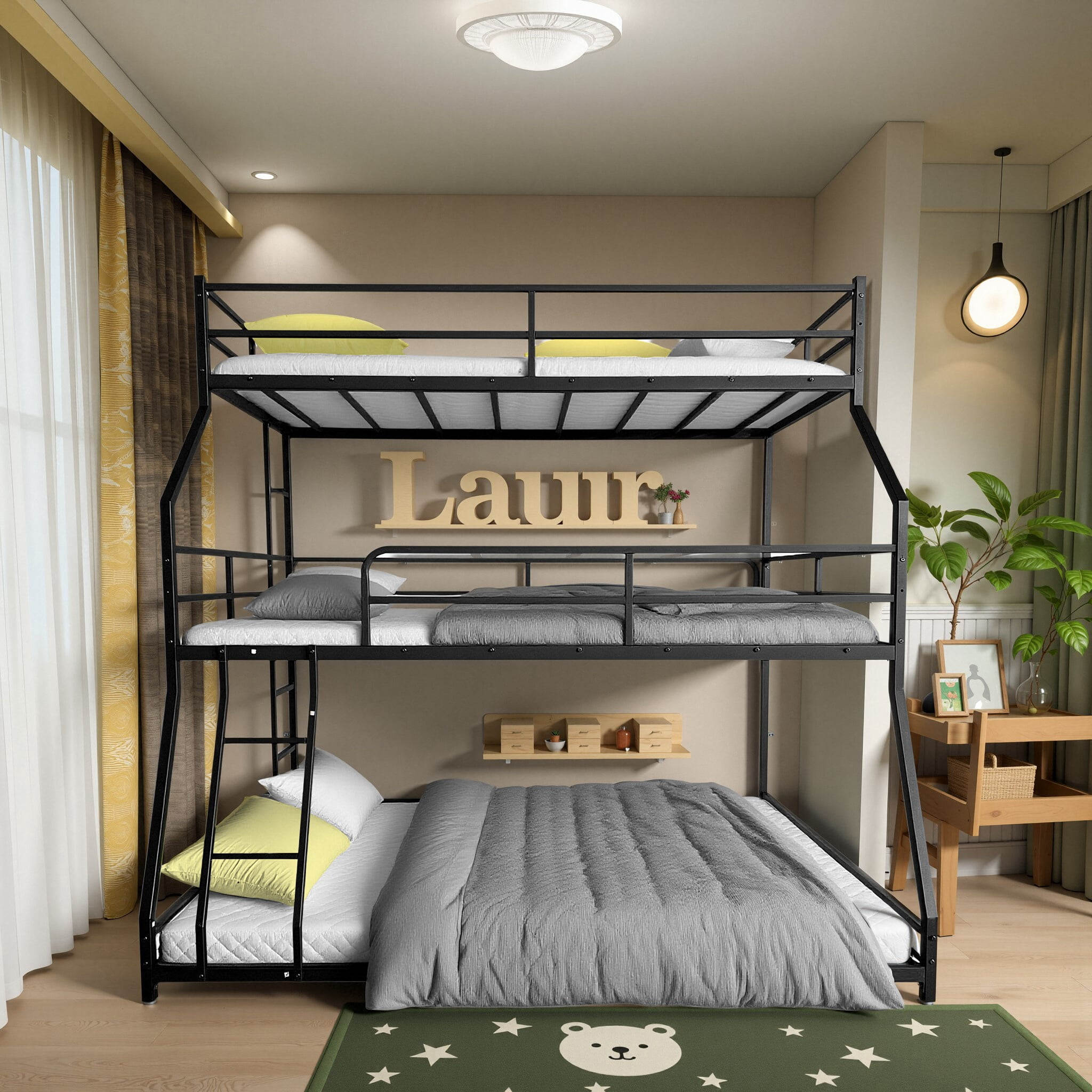Heavy Duty Metal Triple Bunk Bed Frame with Long & Short Ladders & Full ...
