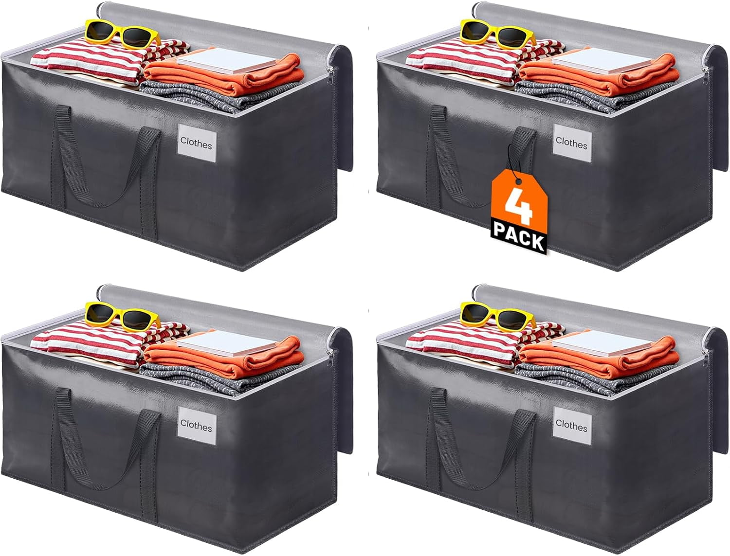 Heavy Duty Moving Bags 4 Pack, Large Foldable Storage Totes with Zipper ...