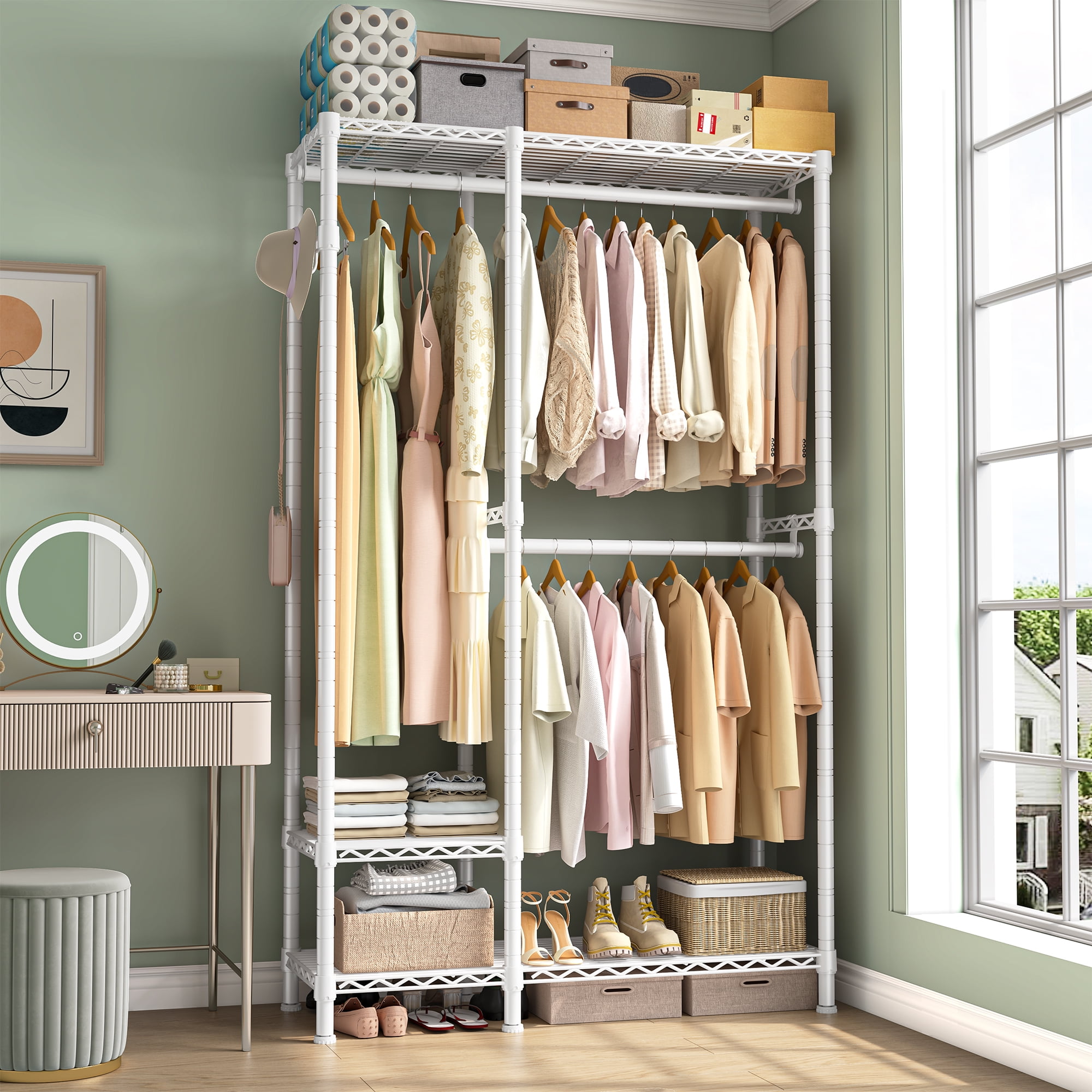 EnHomee Heavy Duty Multi-Functional Clothes Rack, White, Double Rods ...