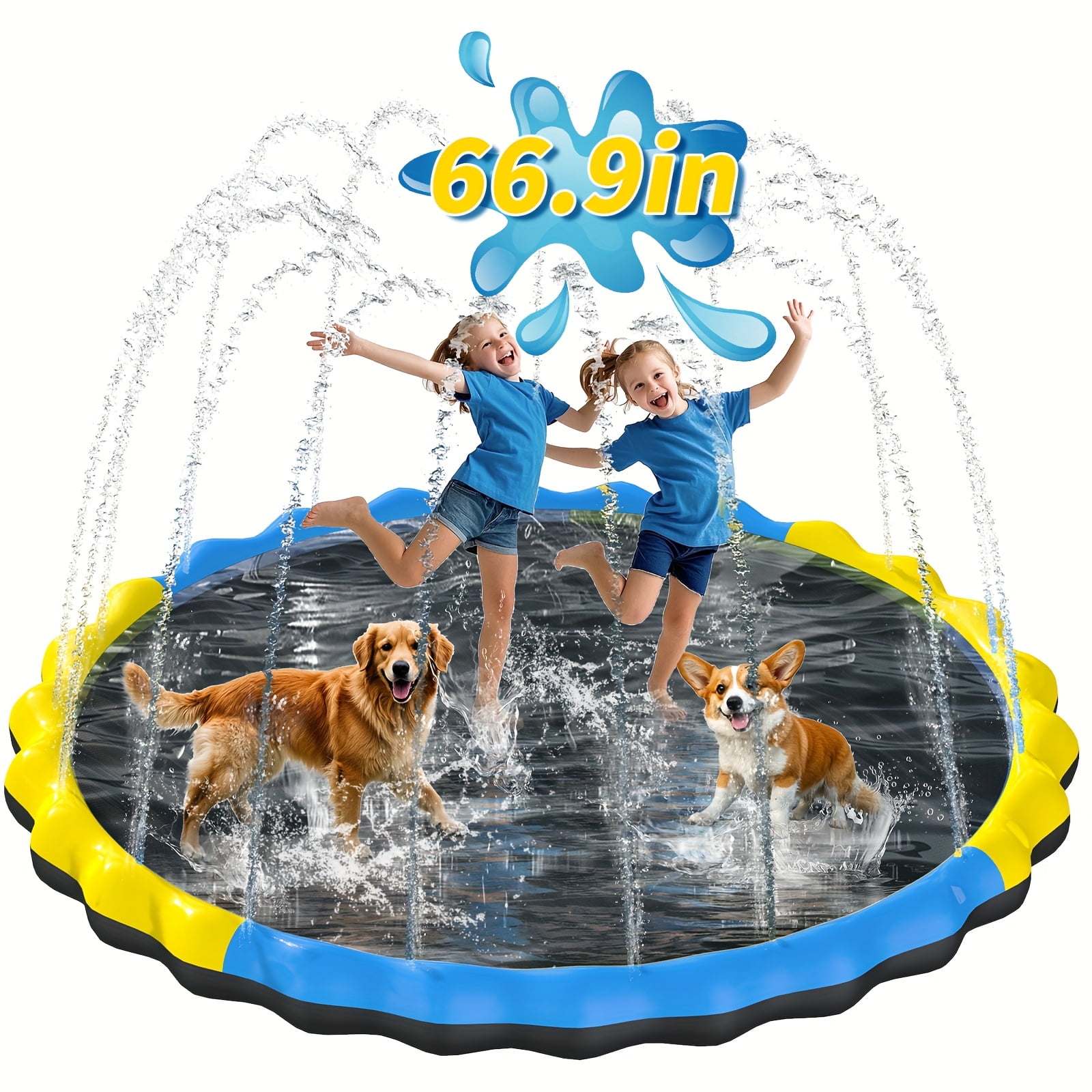 Heavy-Duty Non-Slip Splash Pad for Kids & Dogs - 66-Inch Diameter Blue ...