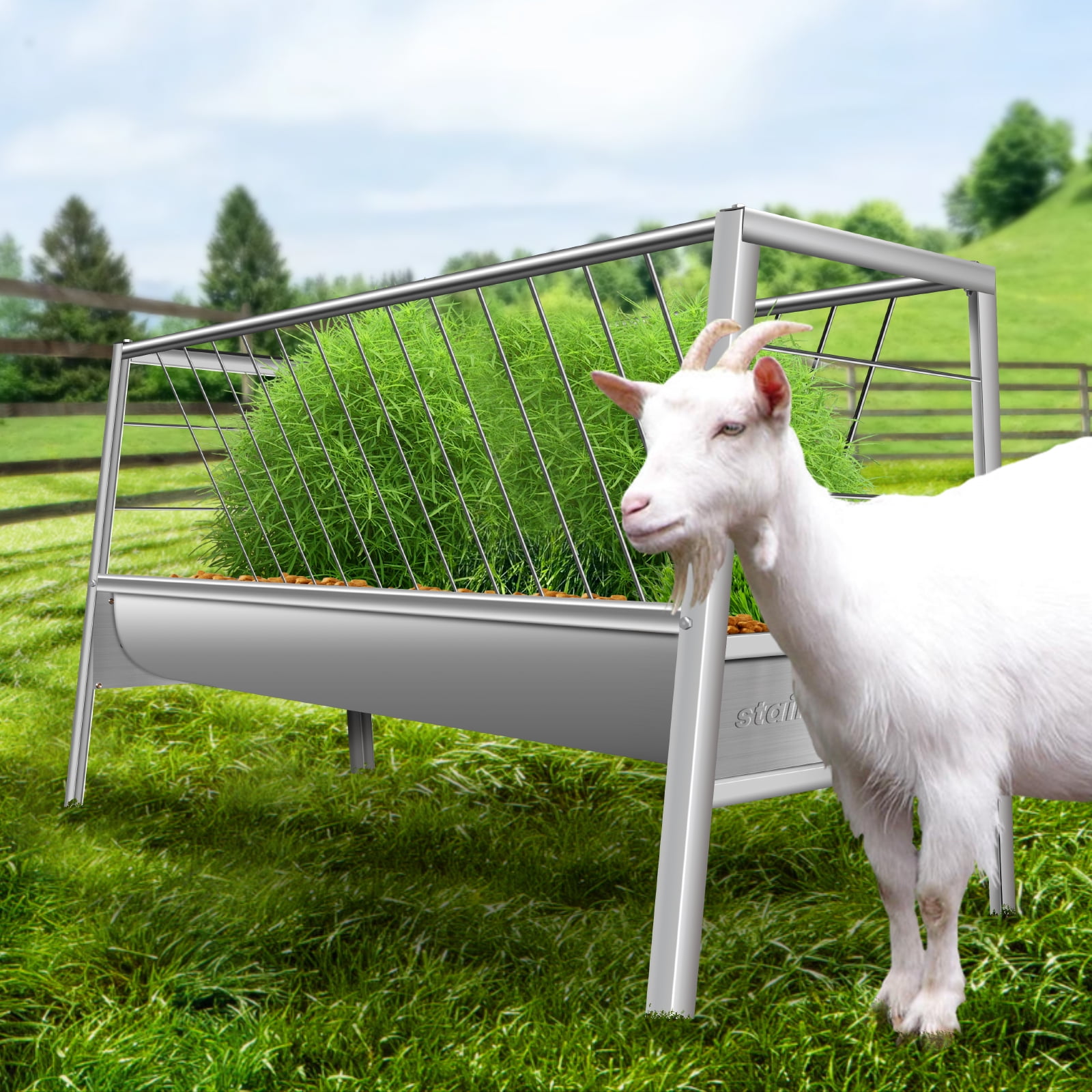 Heavy-Duty Pasture Feeder, 77 Gallon Livestock Goat Feeder, 23.6" Wide Pan, Stainless Steel ...