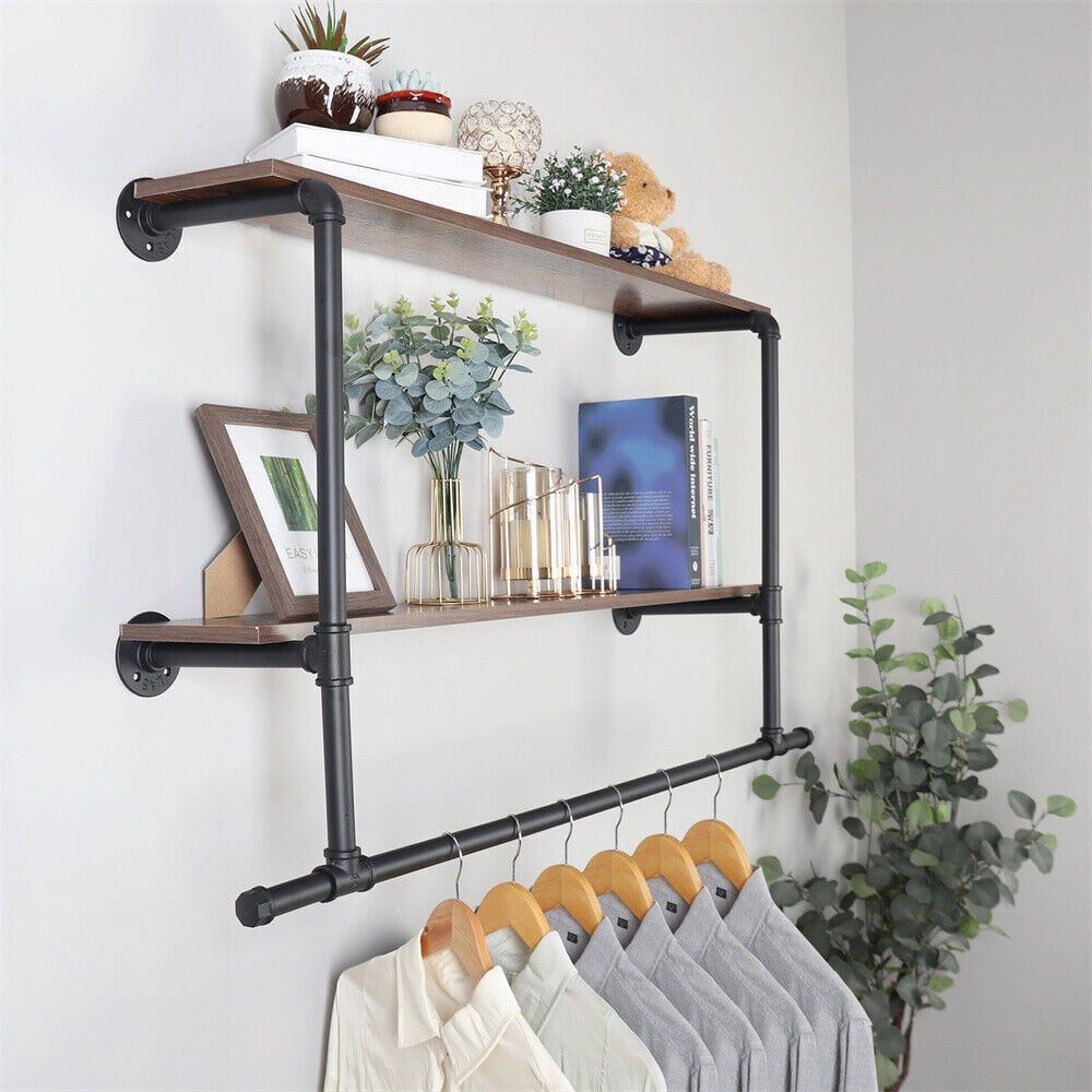 Heavy Duty Pipe Clothes Rail Wall Mounted Garment Rack with 2 Tiers ...