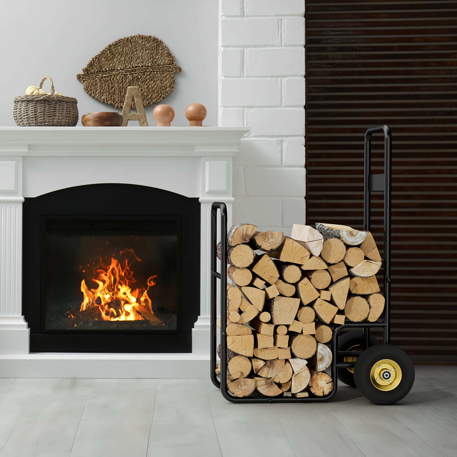 Heavy-Duty Portable Firewood Cart with Wheels, Easy-Roll Log Rack for ...