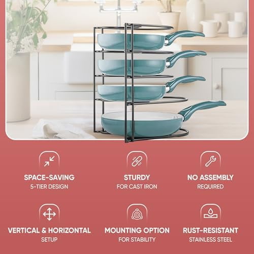 Heavy-Duty Pots and Pans Organizer | 5-Tier Cookware & Lid Storage Rack ...