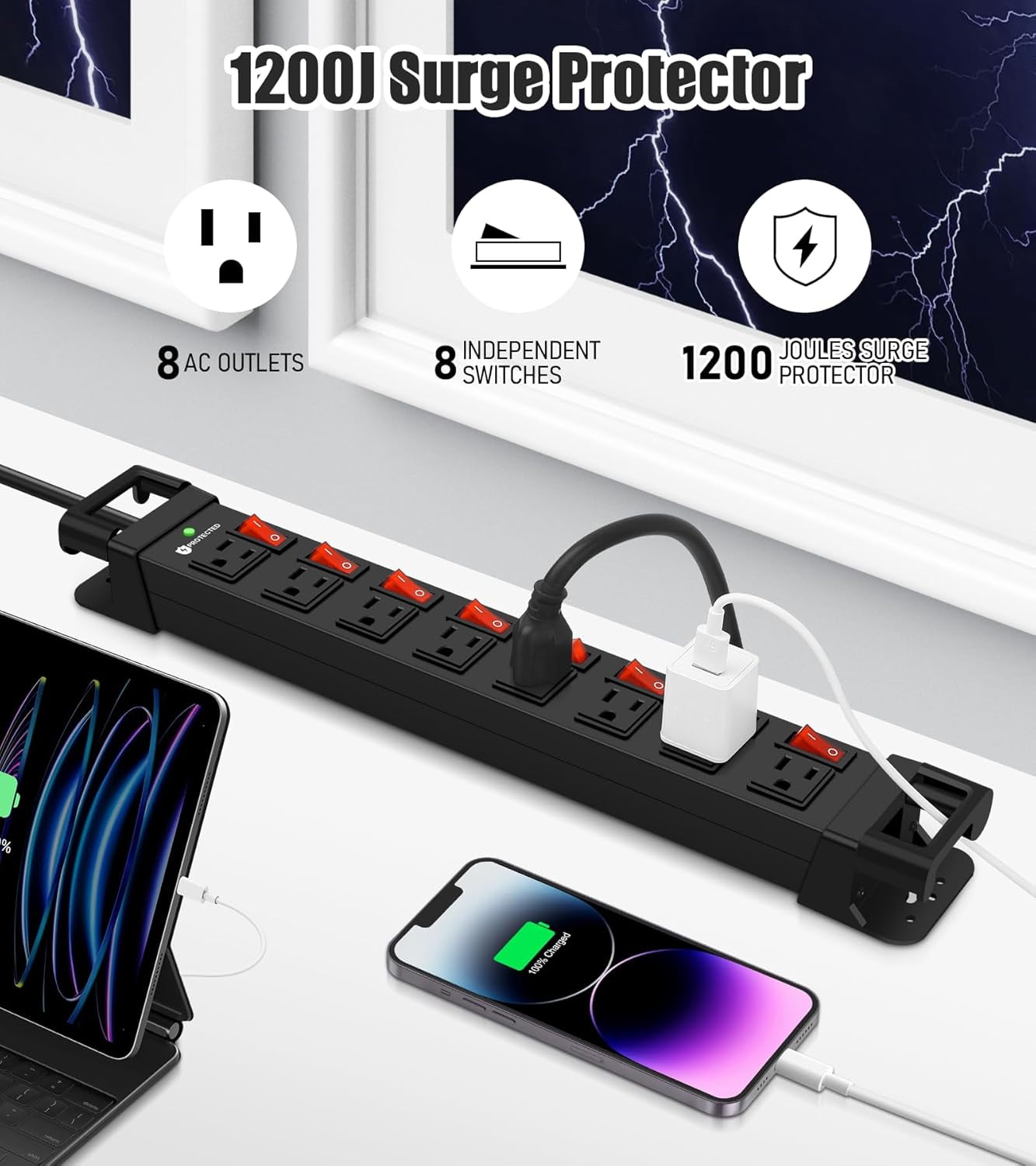 Heavy Duty Power Strip with Individual Switches,8 Outlets 14 Gauge ...